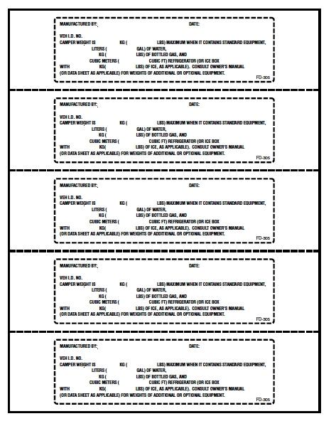 FD-305: Federal certification label for truck campers. Laser ...