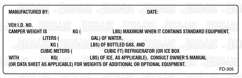 FD-305: Federal certification label for truck campers. Laser ...